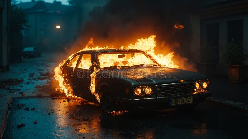 A Burnt Out Car on Fire in the Middle of a Street Stock Image - Image ...