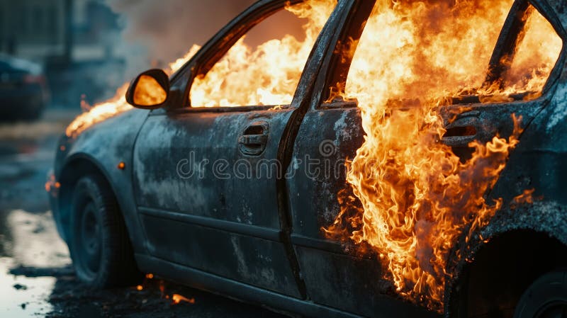 A Burnt Out Car on Fire on the Side of the Road Stock Image - Image of ...
