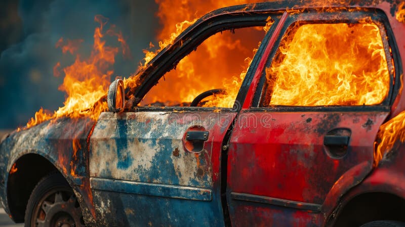 A Burnt Out Car on Fire on the Side of the Road Stock Photo - Image of ...