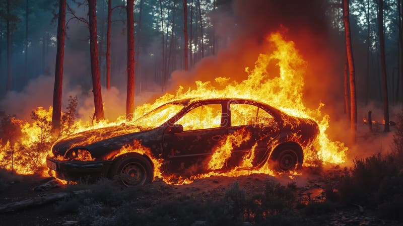 A Burnt Out Car in the Middle of a Forest Fire Stock Photo - Image of ...
