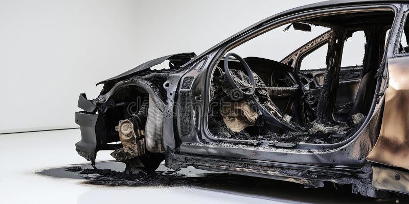 A Burnt-out Car Showcasing Damage and Destruction in a Modern Setting ...