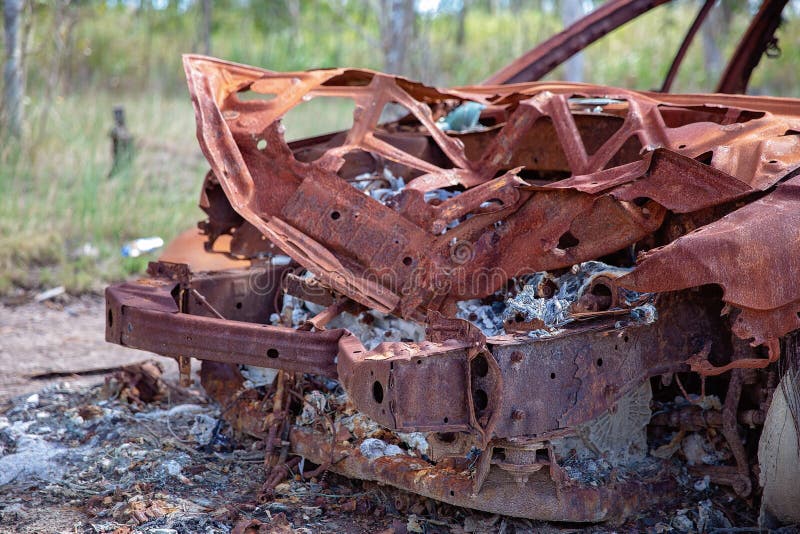 Burnt Out Engine of a Rusted Car Wreck Stock Photo - Image of ...