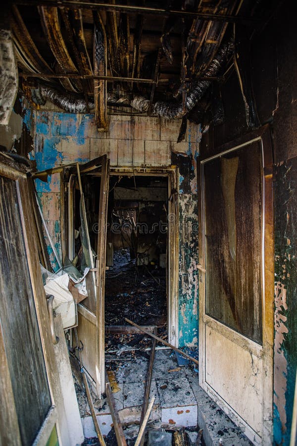 Burnt Out Shop after Fire with Charred Door Stock Image - Image of ...
