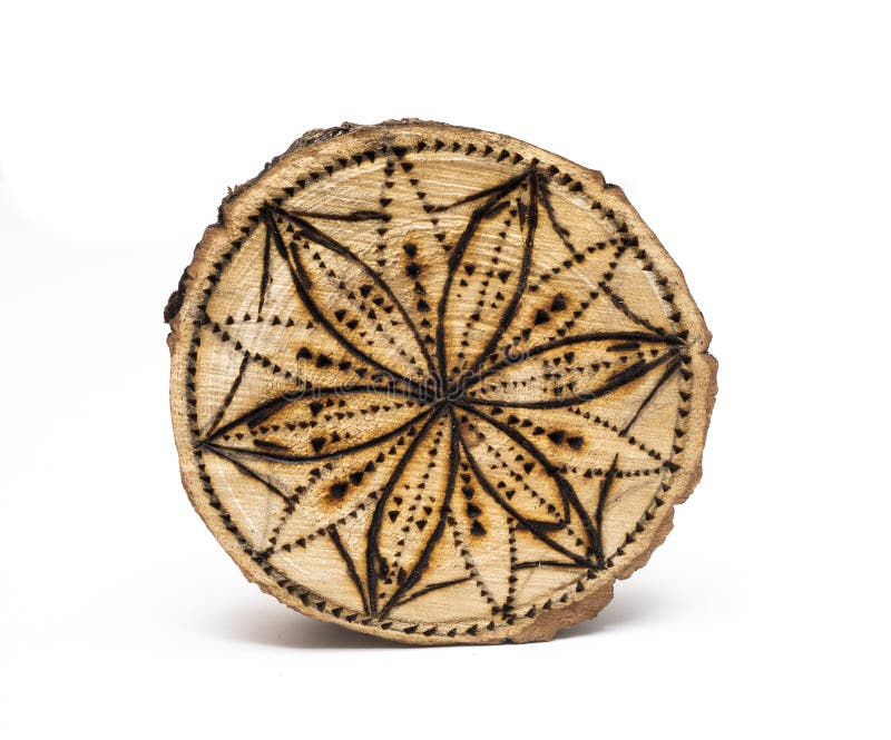 Burnt Pattern on Round Cut of a Tree Isolated on a White Background. a ...