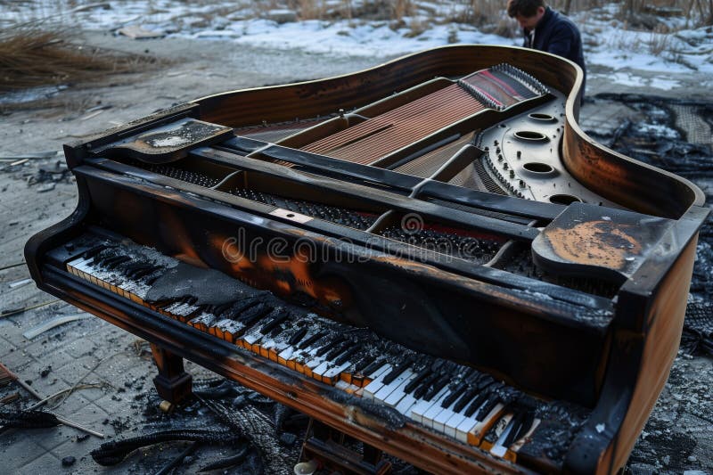Burnt Piano with Person Sitting, Staring at the Damage Stock Image ...