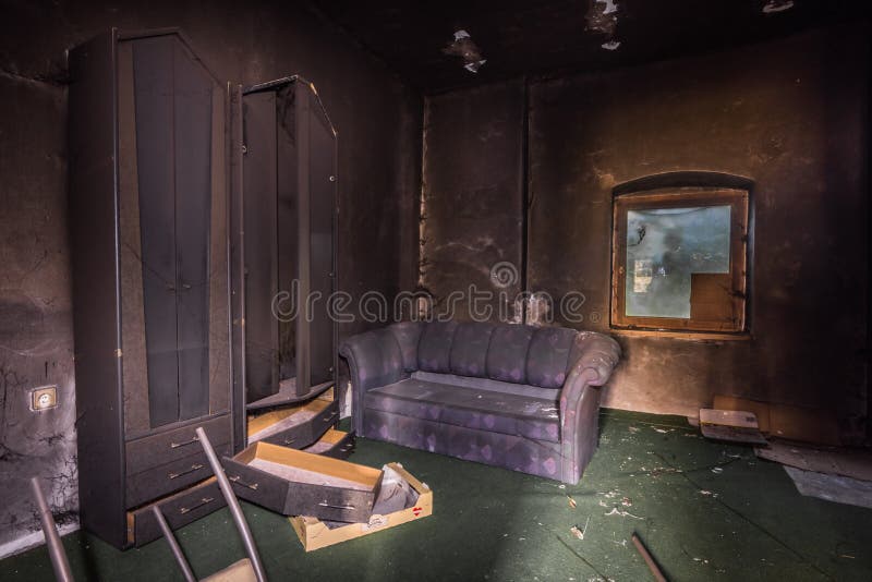 Burnt Room Interior with Walls, Furniture and Floor in Ash and Coal ...