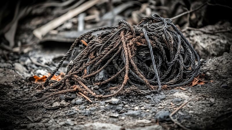 Burnt Ropes Amidst Post-fire Debris; Disaster Scene Stock Image - Image ...