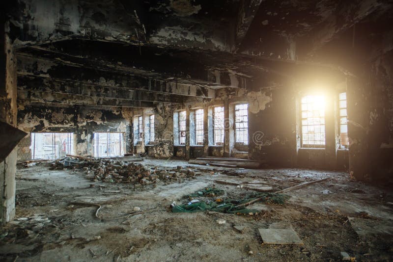 Burnt Ruined Industrial Building. Consequences of War or Fire Concept ... Burnt Ruined Industrial Building. Consequences of War or Fire Concept ...