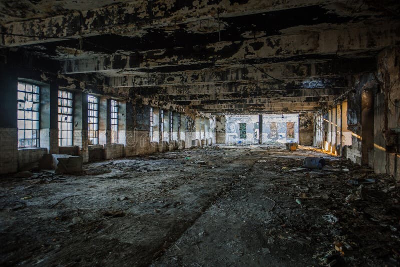 Burnt Ruined Industrial Building. Consequences of War or Fire Concept ... Burnt Ruined Industrial Building. Consequences of War or Fire Concept ...