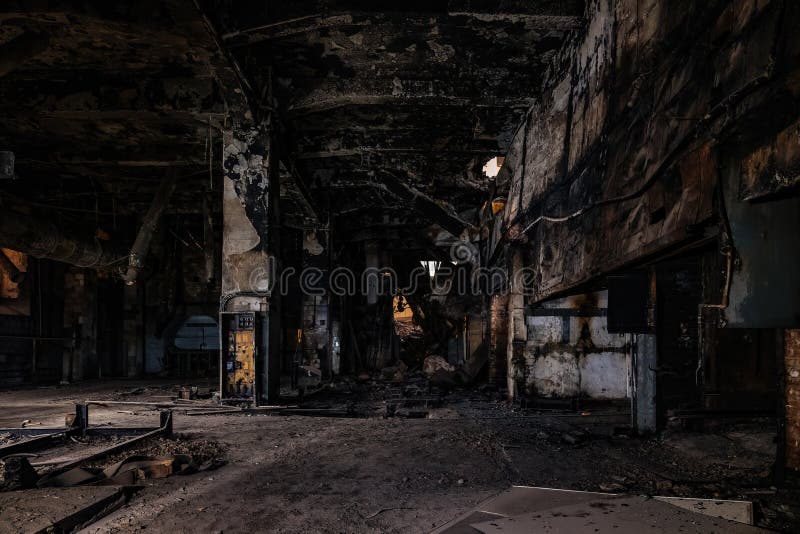 Burnt and Ruined Interior of Industrial Building after Fire ...