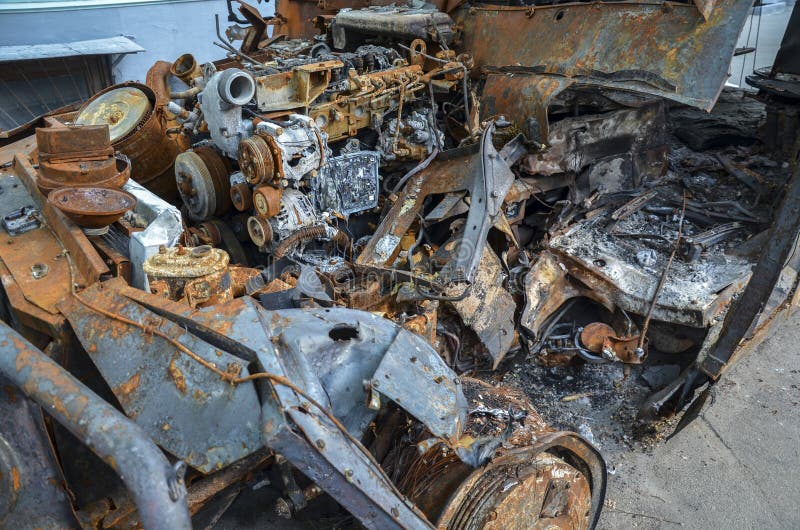 Burnt Rusty Engine in Russian Military Vehicle after Combat Strike ...