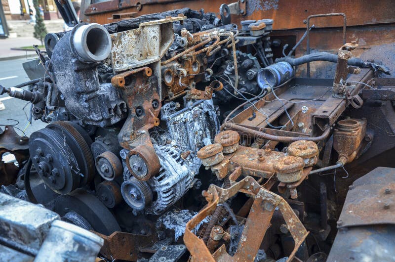 Burnt Rusty Engine in Russian Military Vehicle after Combat Strike ...