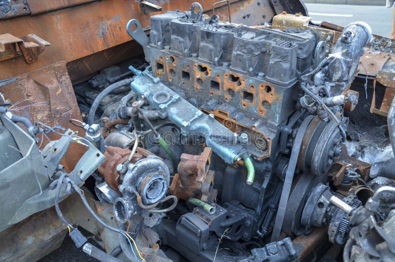 Burnt Rusty Engine in Russian Military Vehicle after Combat Strike ...