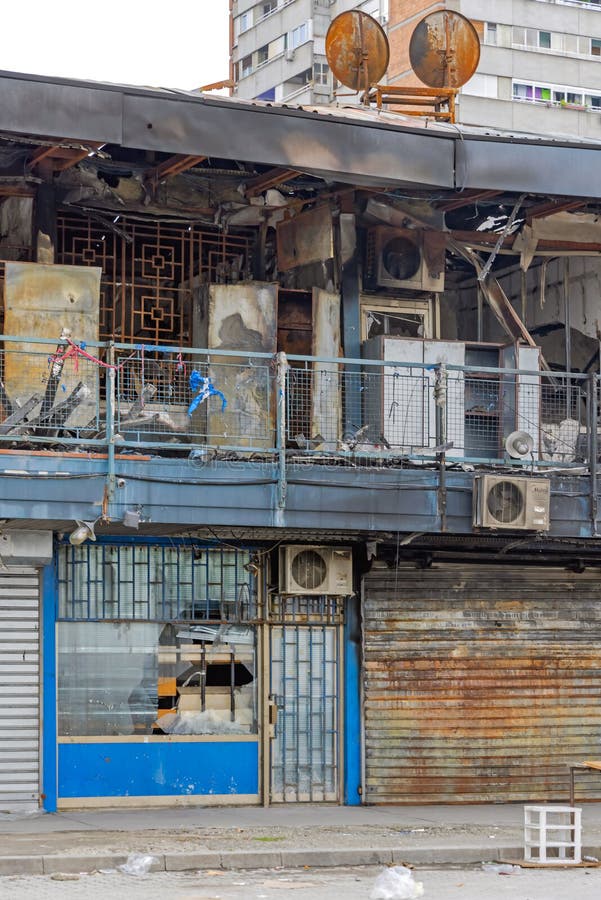 Burnt Shops Aftermath stock image. Image of shop, centre - 251537459