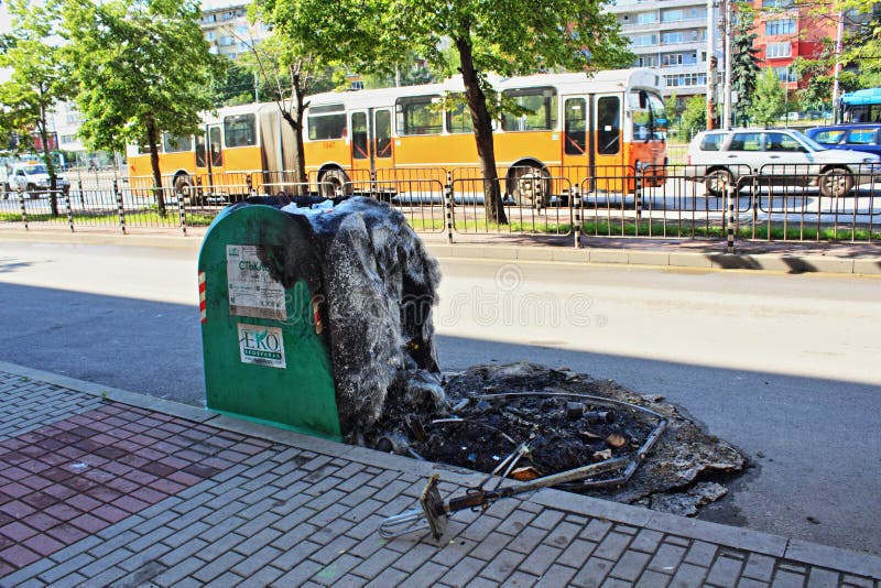 Burnt And Melted Trash Bin From Fire In The City Of Athens After A ...