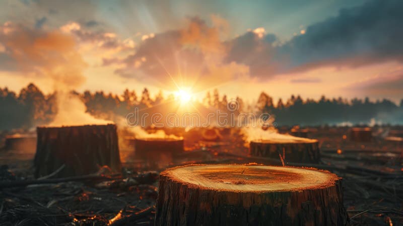 Burnt Tree Stumps in Deforested Area during Sunset Stock Illustration ...