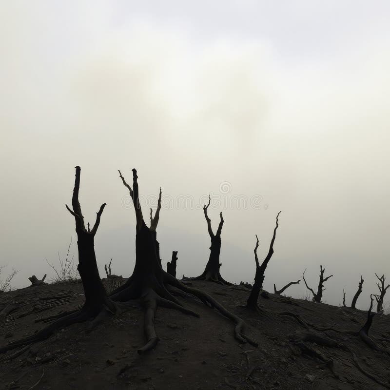 Burnt Tree Stumps on a Hilltop with Ash Floating in the Wind and a ...