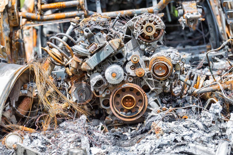 A Burnt Car Engine With Propeller After A Fire Or An Accident In A ...