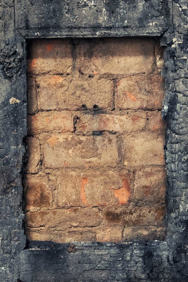 Burnt Wooden Frame on Old Brick Wall Stock Photo - Image of damaged ...
