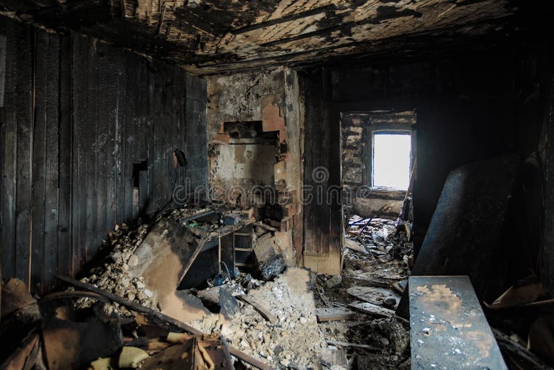 Burnt Wooden House Interior. Consequences of Fire Stock Photo - Image ...