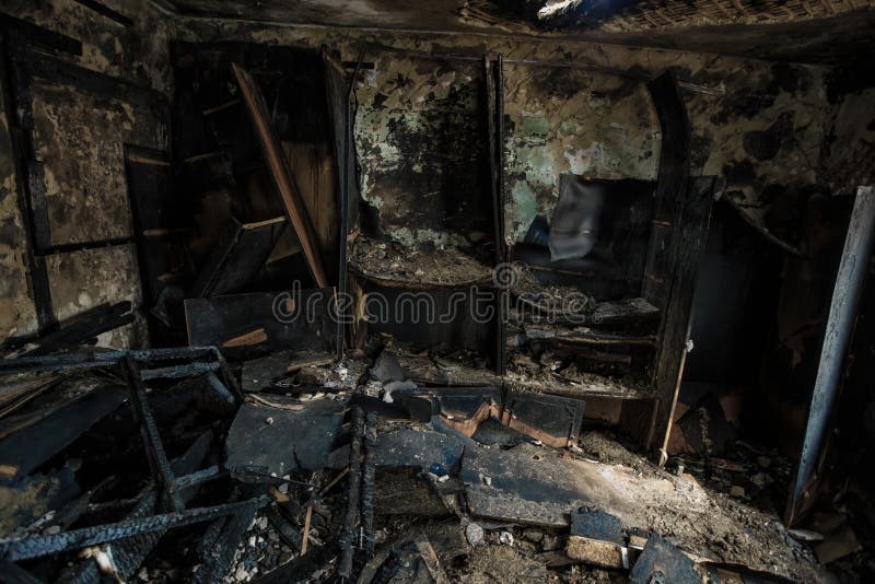 Burnt Wooden House Interior. Consequences of Fire Stock Image - Image ...