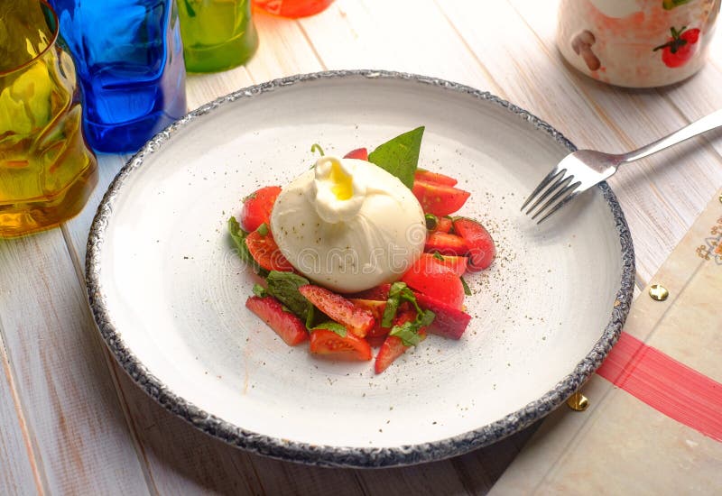 Burrata Cheese with Strawberries in Plate Stock Photo - Image of dishes ...