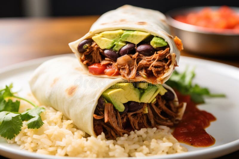 Burrito Cut Open with Filling Spilling Over Onto the Plate Stock Image ...