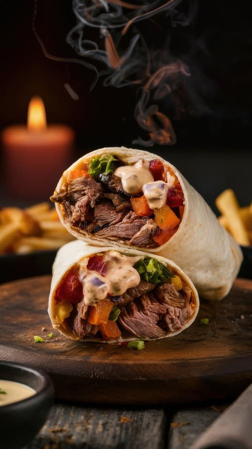 A Burrito with Meat and Cheese on a Wooden Cutting Board, AI Stock ...