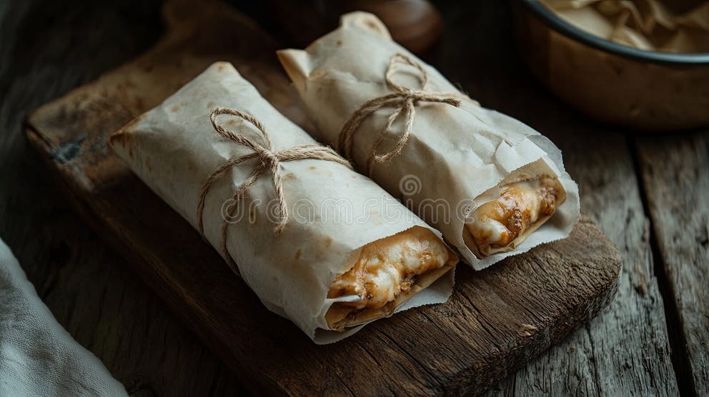 Burritos Wrapped in Paper on a Rustic Wooden Board. Stock Photo - Image ...