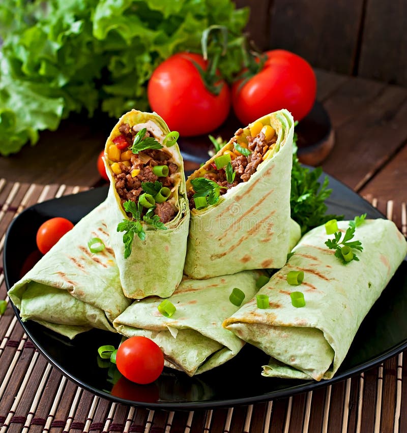 Burritos Wraps with Minced Beef and Vegetables Stock Photo - Image of ...