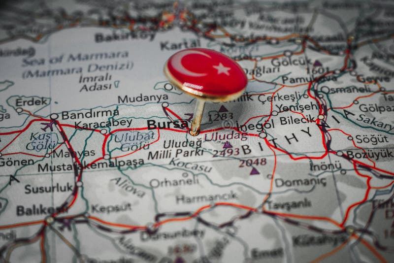 Bursa Pinned on a Map with the Flag of Turkey Stock Photo - Image of closeup, document: 209503504