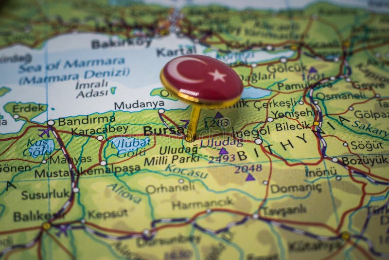 Bursa Pinned on a Map with the Flag of Turkey Stock Image - Image of ...