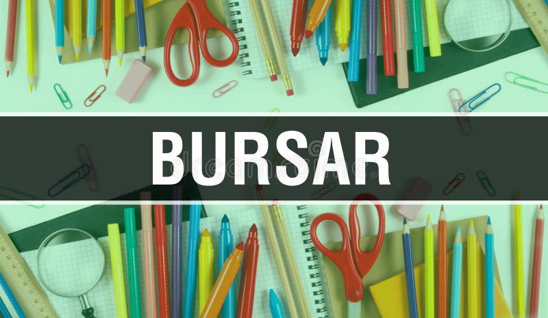 Bursar with School Supplies on Blackboard Background. Bursar Text on ...