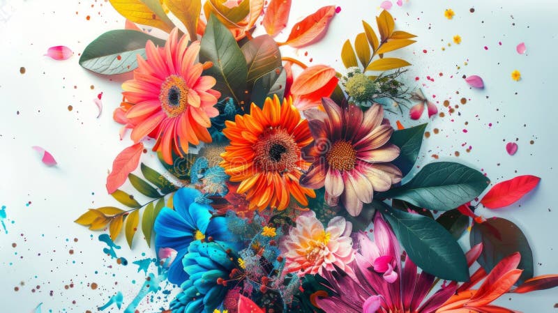 A Burst of Brightly Colored Flowers and Leafy Greenery on a White ...