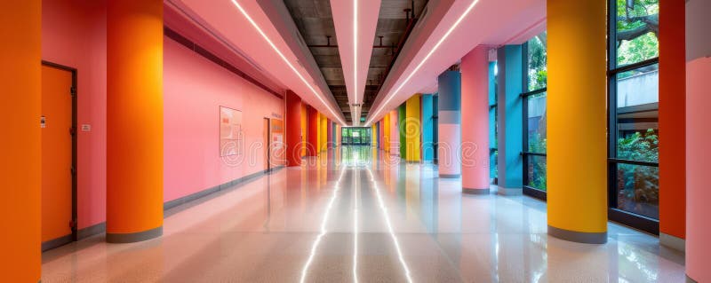 Vibrant Hallway in a University Building, Creative Design with Colorful ...