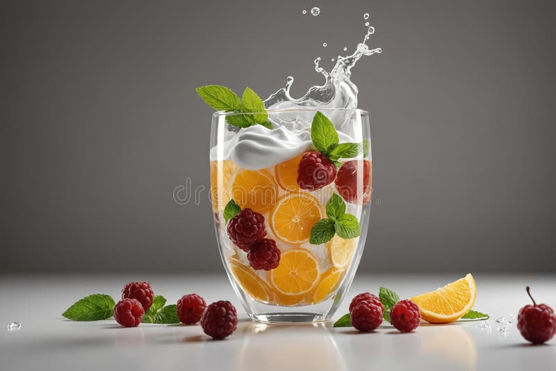 Burst of Freshness: Oranges, Raspberries, and Mint in a Transparent Cup ...