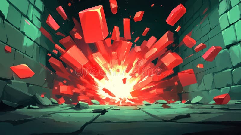 A Burst of Red Blocks Exploding in a Dark Stone Corridor, Suggesting ...