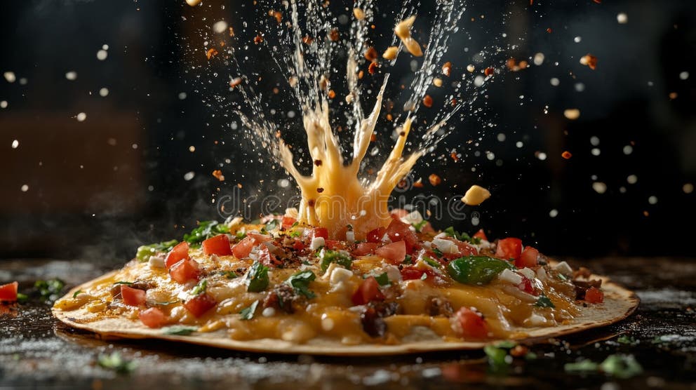 A Burst of Toppings Exploding Over a Cheesy, Meaty Pizza Stock ...