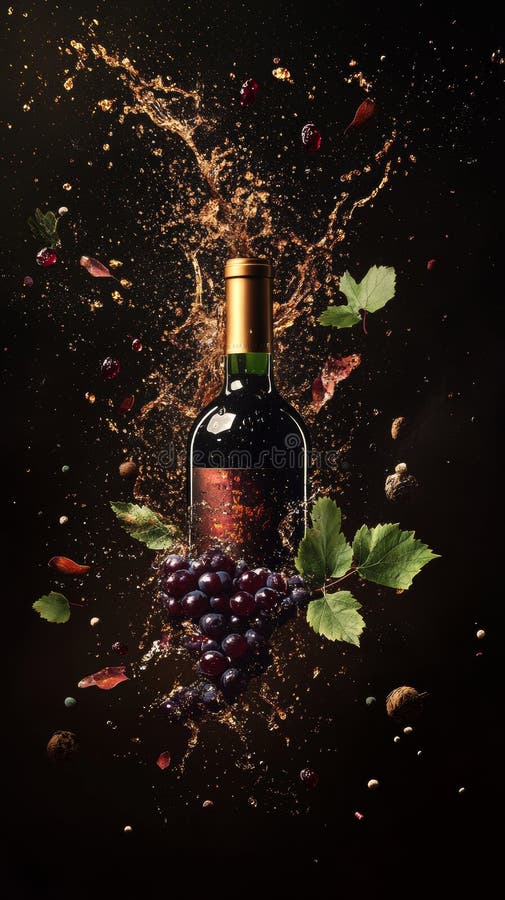 With a Burst of Vibrant Colors and Scattered Grapes, the Wine Bottle ...