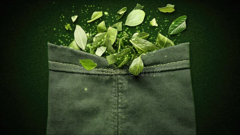 Bursting Green Leaves from Green Fabric Pocket with Sparkling Light ...