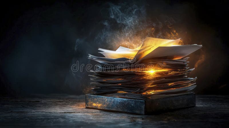 Bursting with Ideas a Glowing Folder of Papers in a Dim Office Setting ...