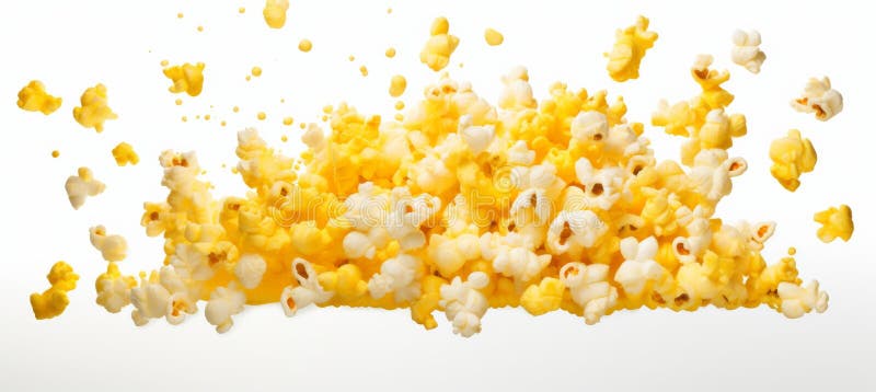 Bursting Popcorn Kernels Scattered Across a White Background Creating a ...