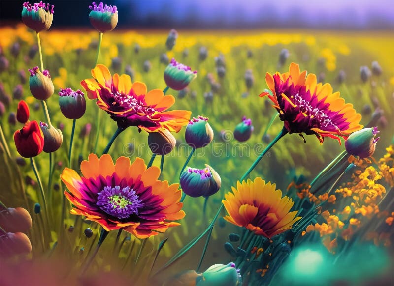 Bursts of Color Exploring the Fields of Spring Flowers. Generative AI ...