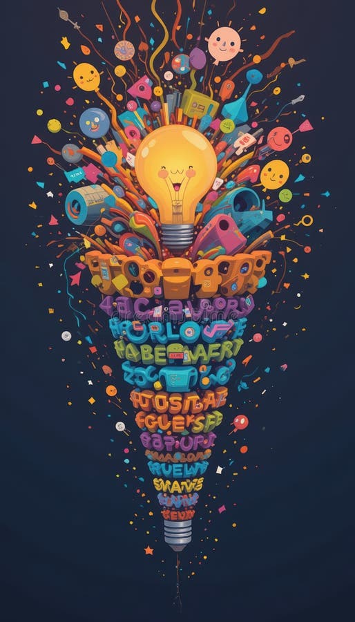 Bursts of Creative Ideas Exploding from a Light Bulb with Words Stock ...