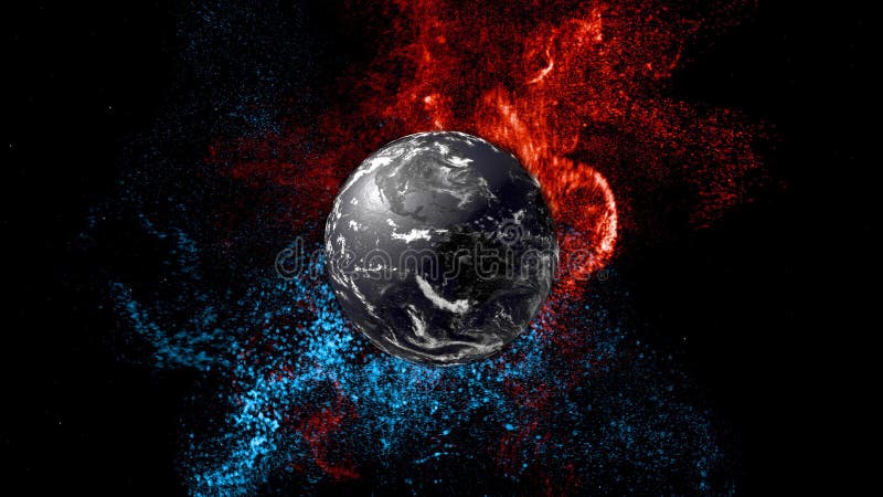 Bursts of Particles in Space Around 3d Render Cold Far Planet in ...