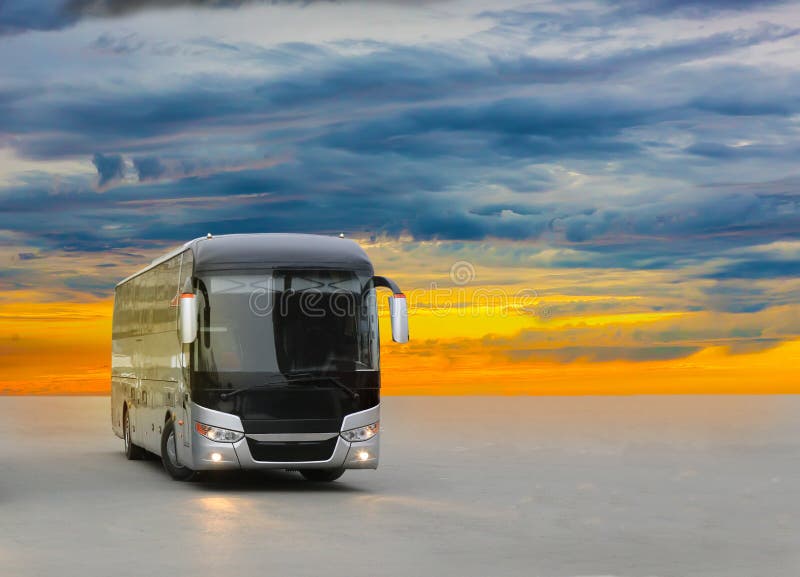 Bus on Asphalt in the Evening on Sunset Stock Image - Image of ...