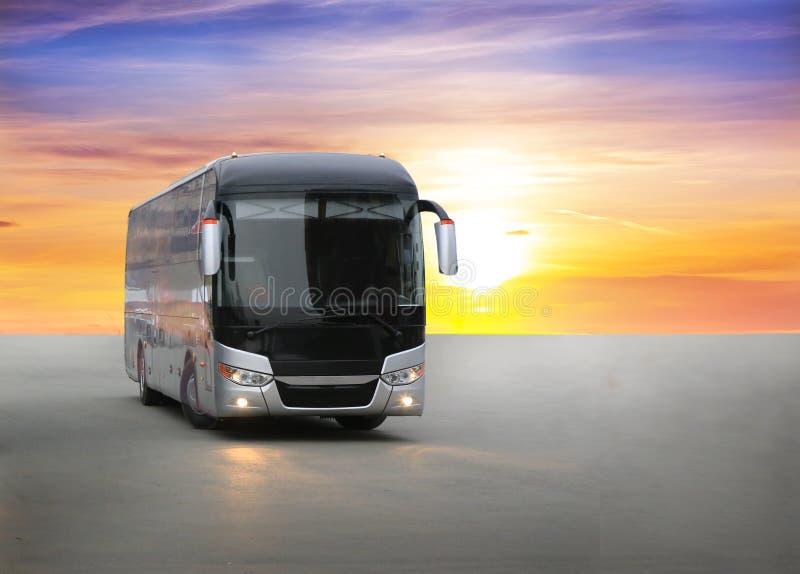 Bus on Asphalt in the Evening on Sunset Stock Image - Image of journey ...