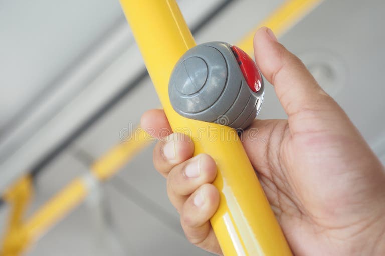 Closeup of Pressing Bus Bell Switch for Stop Inside the Public Bus ...