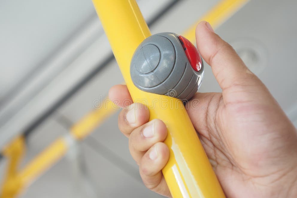 Closeup of Pressing Bus Bell Switch for Stop Inside the Public Bus ...