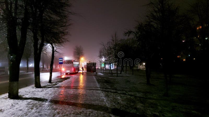 A Bus Departs from a Public Transport Stop at Night in Winter in Ice ...